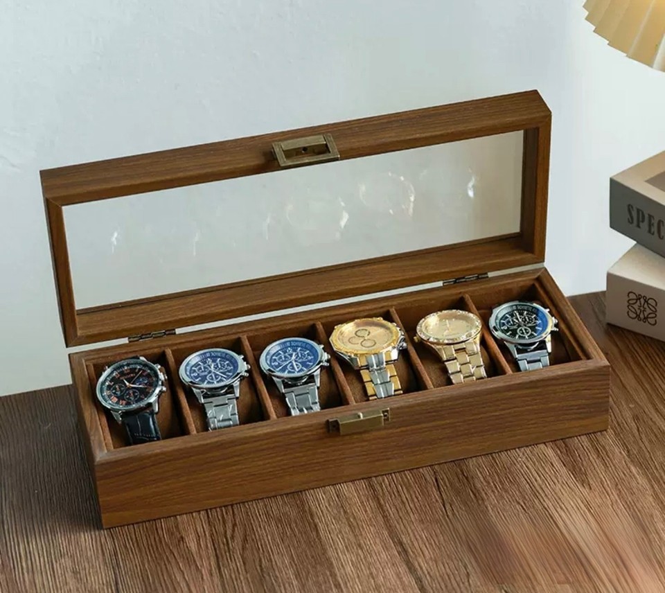 Vintage Wooden Watch Storage Box – 6 Slot Display Case with Glass Lid ...