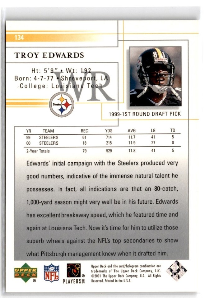 2001 Upper Deck Troy Edwards #134 Pittsburgh Steelers | eBay