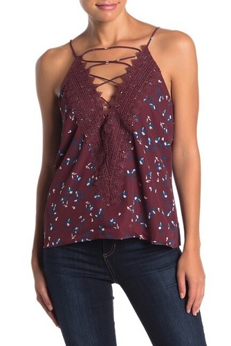 Wayf Tank Top Posie Lace Floral Print Strappy Cami Burgundy Top SZ M ...