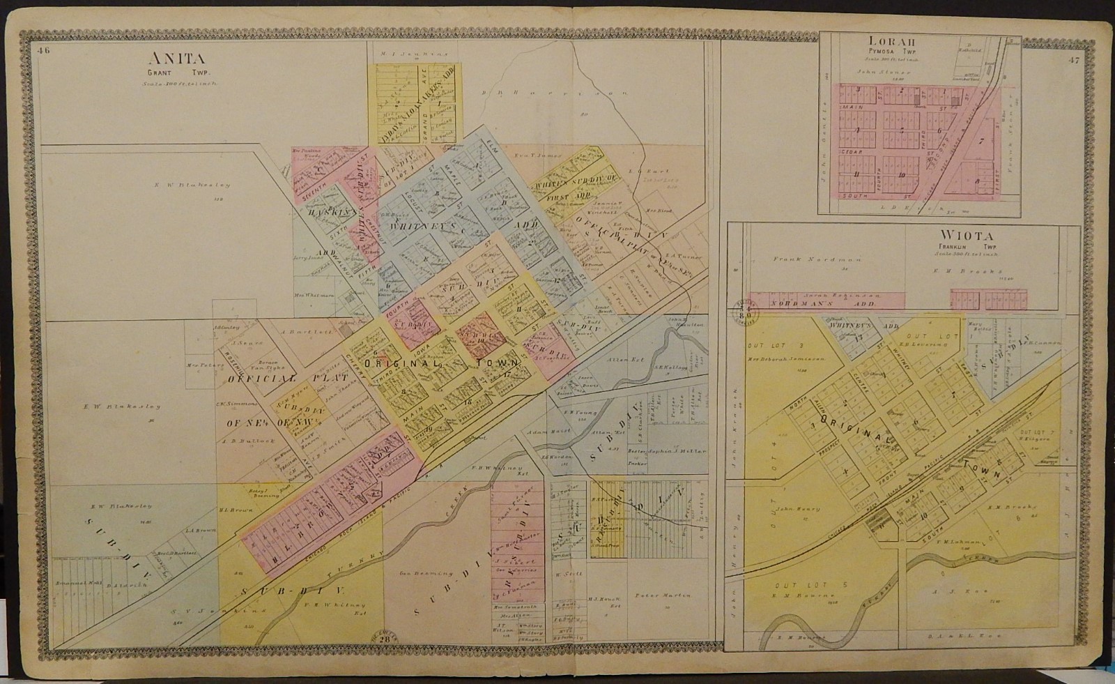 Iowa Cass County Map Anita Lorah Wiota 1900 Double Page L13#48 | eBay