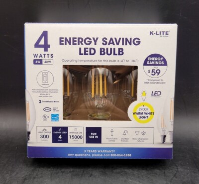 K-LITE LED Candle Bulb 4W (=40 Watt) 2700K 300 Lumen Dimmable 3-pack ...
