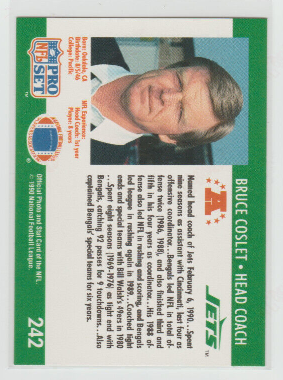 1990 Pro Set NFL Football Trading Car New York Jets Bruce Coslet #242 ...