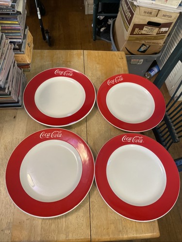 Set of 4 Coca-Cola Gibson 10 1/2” Dinner Plates White & Red Rim Logo | eBay