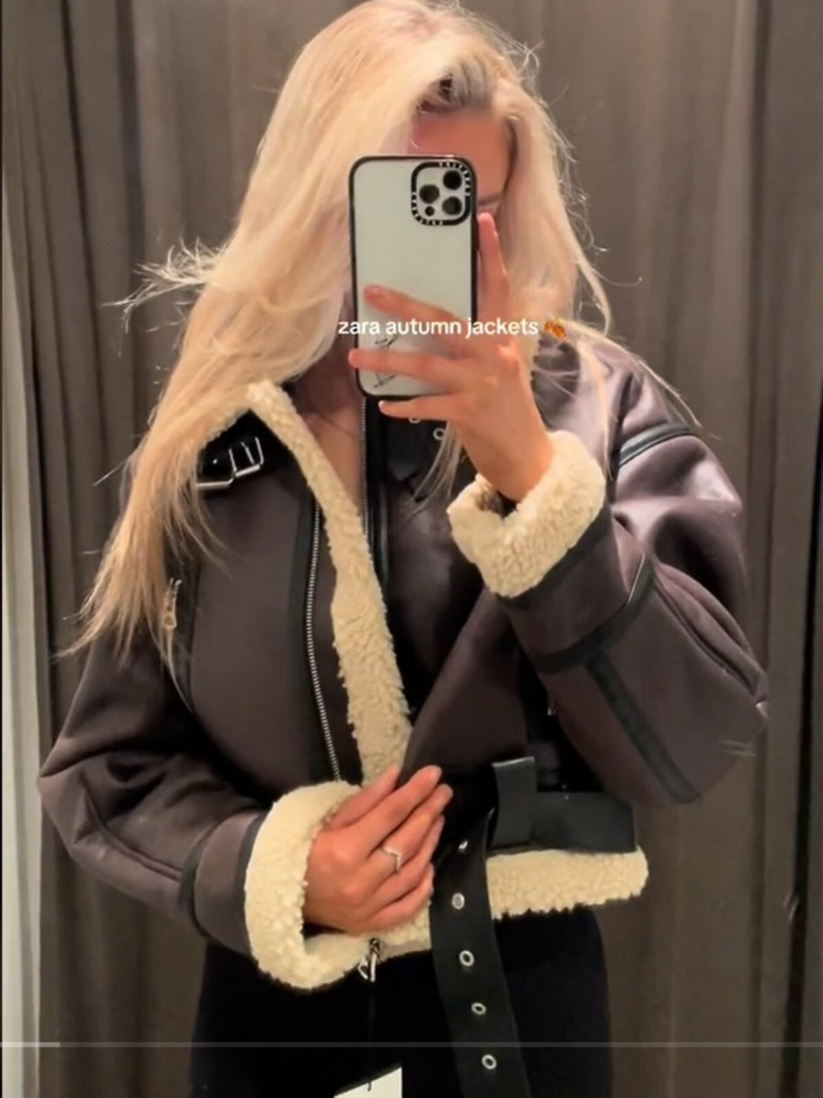 ZARA BROWN DOUBLE-FACED SHORT JACKET FAUX SHEARLING FUR TRIM AVIATOR ...