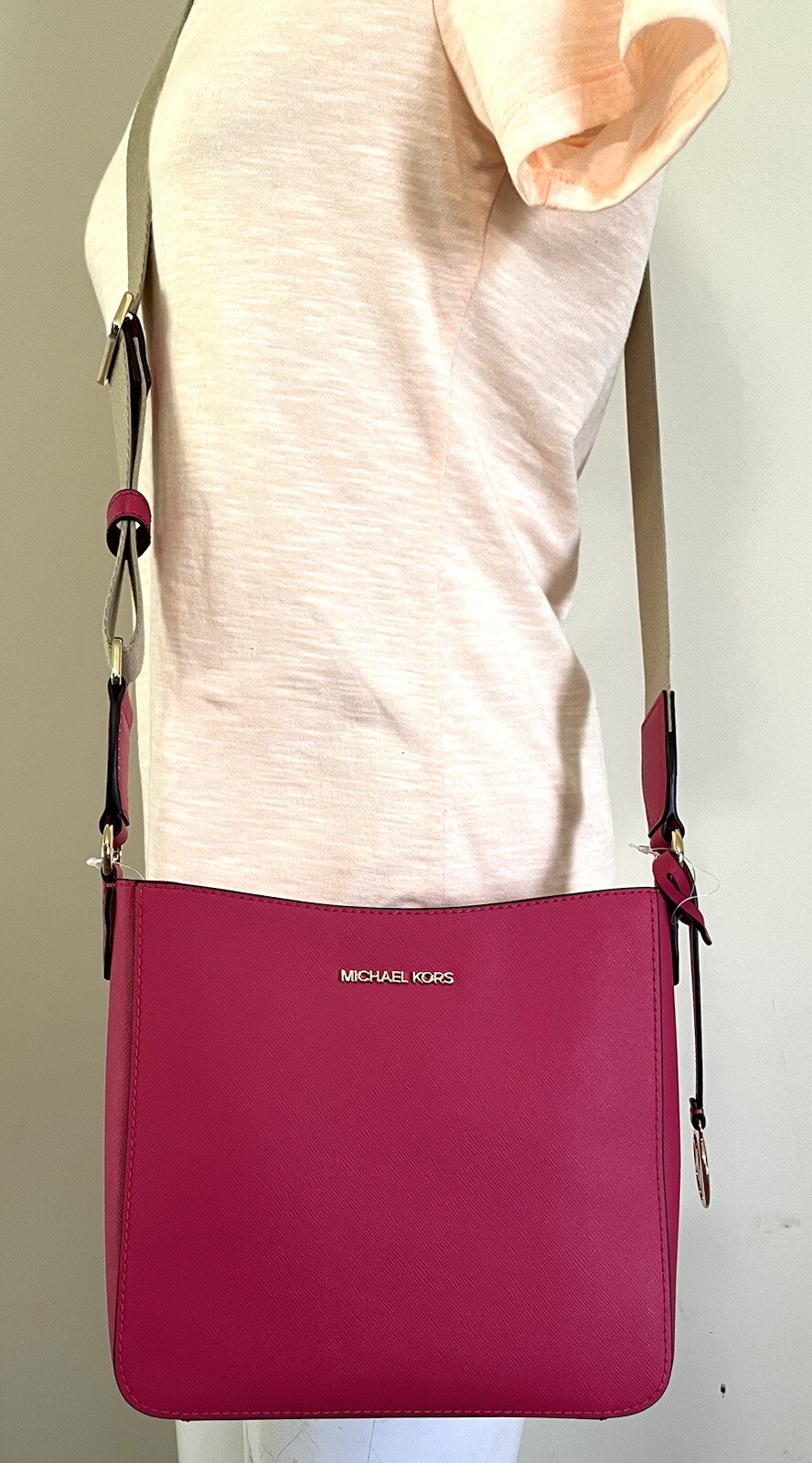 Michael Kors Jet Set Pink Saffiano Leather Small NS Messenger CrossBody ...