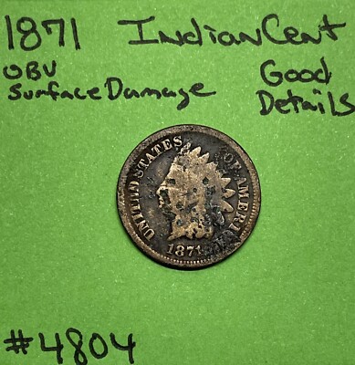 1871 Indian Head Cent / Penny 1c Good Details Obverse Surface Damage | eBay