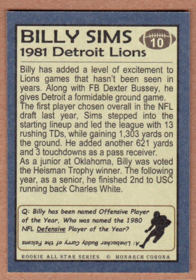 Billy Sims '81 Detroit Lions / Monarch Corona Rookie All Star #10 / NM+ ...