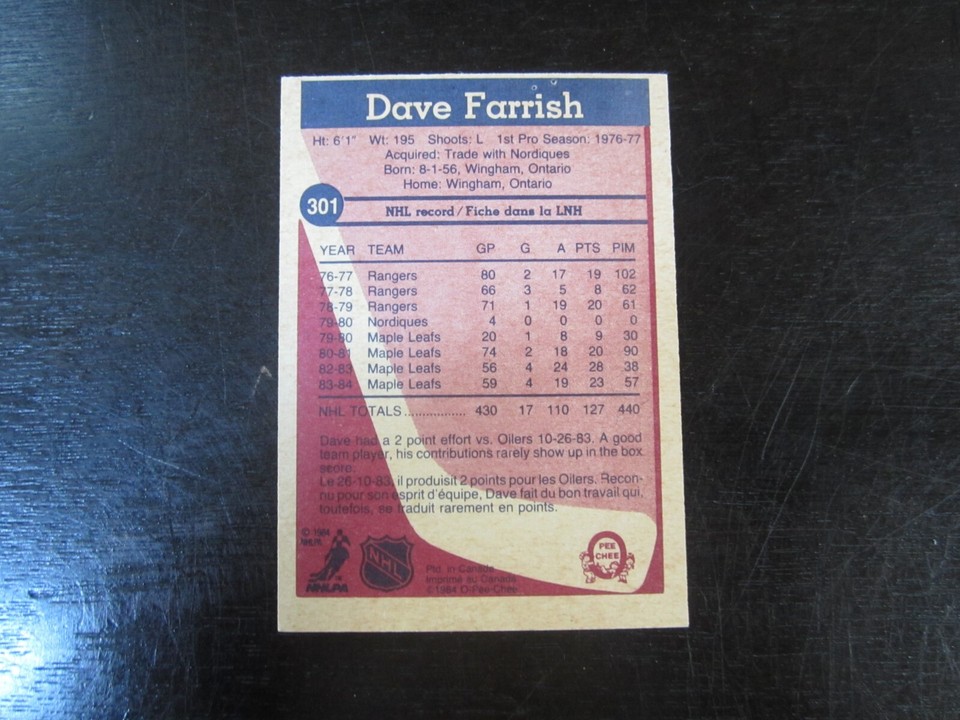 1984-85 O Pee Chee # 301 Dave Farrish Autograph Signed Auto Card (M2 ...