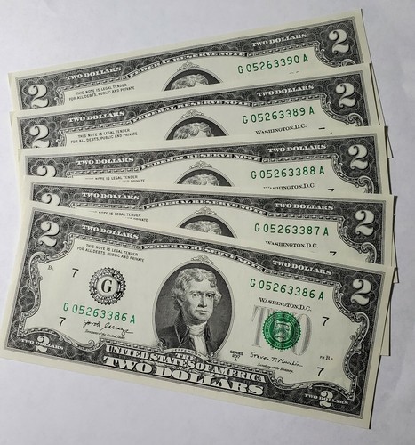 *Lot of 5 Pristine ** Uncirculated/Sequential Two Dollar Bills ...