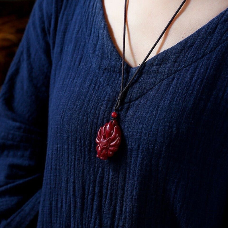 Retro Cinnabar Nine Tailed Fox Pendant Necklace Jewelry Chinese Sweater ...