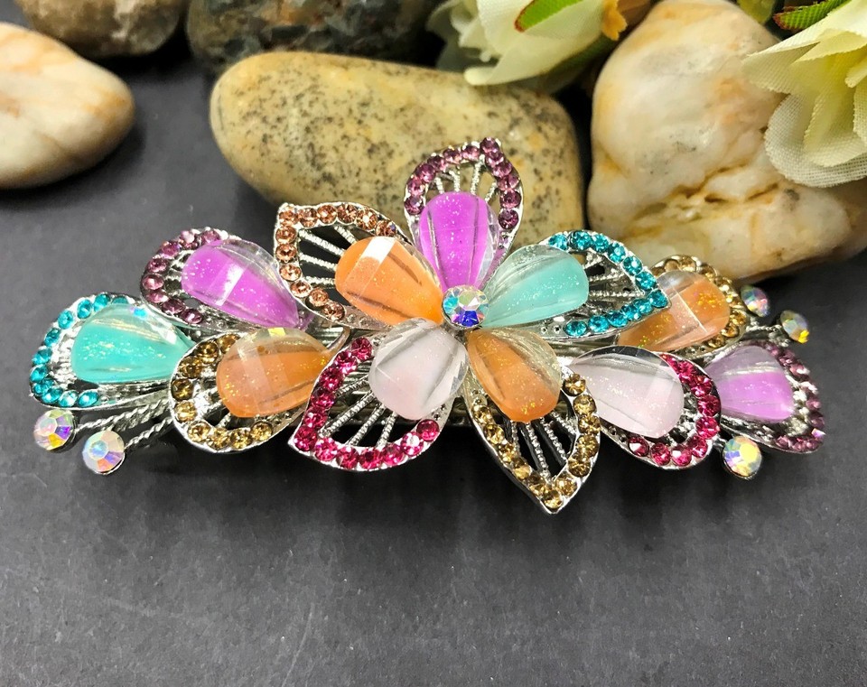 Beautiful Silver Tone Hair clip Flower Rhinestone Crystal multi Color ...
