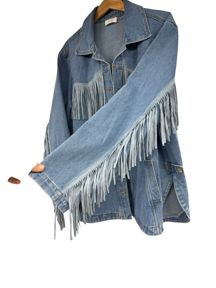 Blue Ivy Oversized Fringe Denim Jacket Boho Western Barn Rodeo Ranch ...