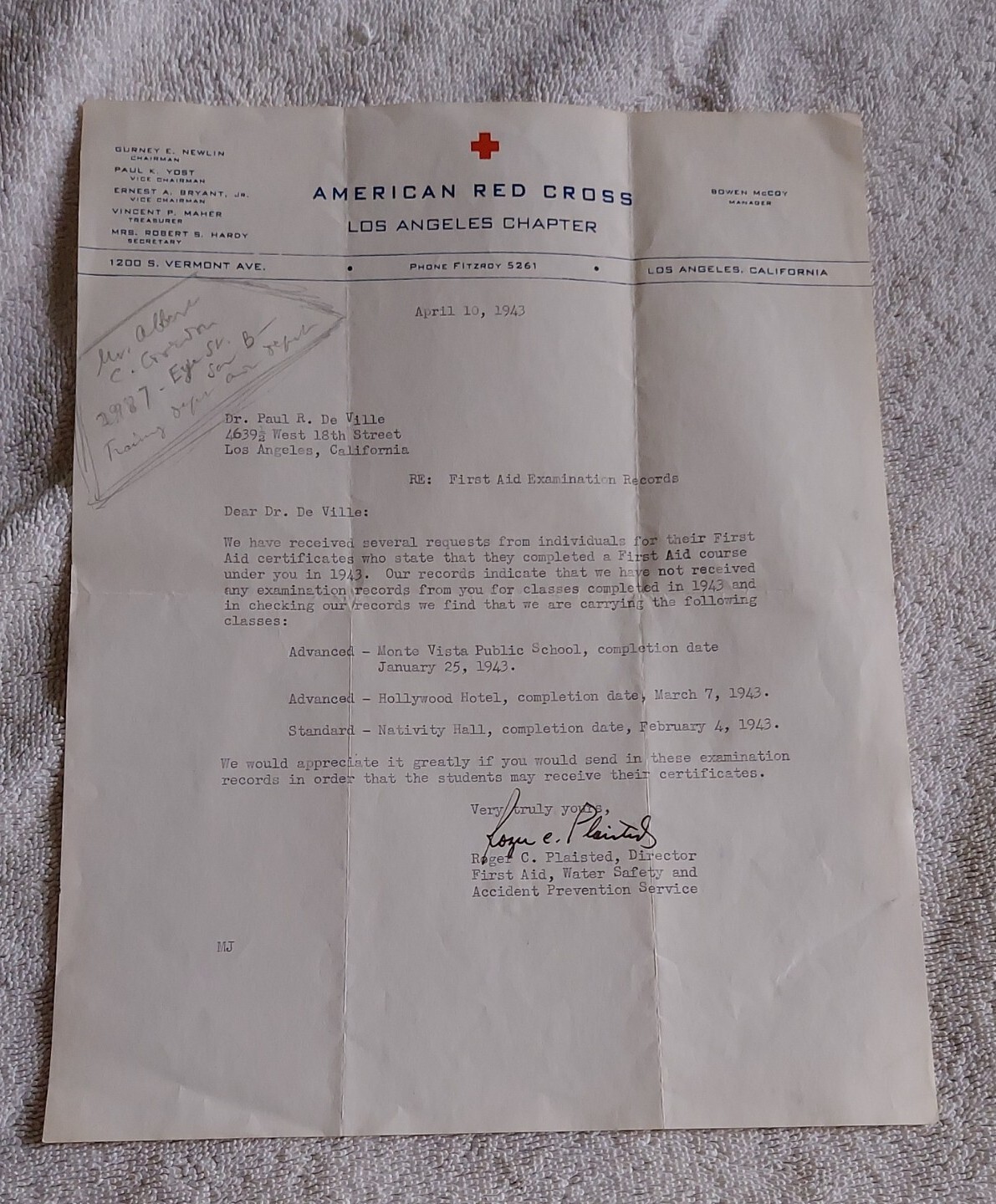 1943 letter from American Red Cross-Los Angeles-Re: First Aid-Roger C ...