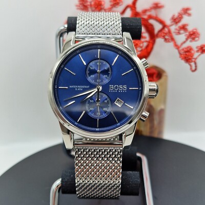 BOSS MENS 1513441 WATCH SILVER MESH BAND WITH BLUE DIAL AND SILVER CASE ...