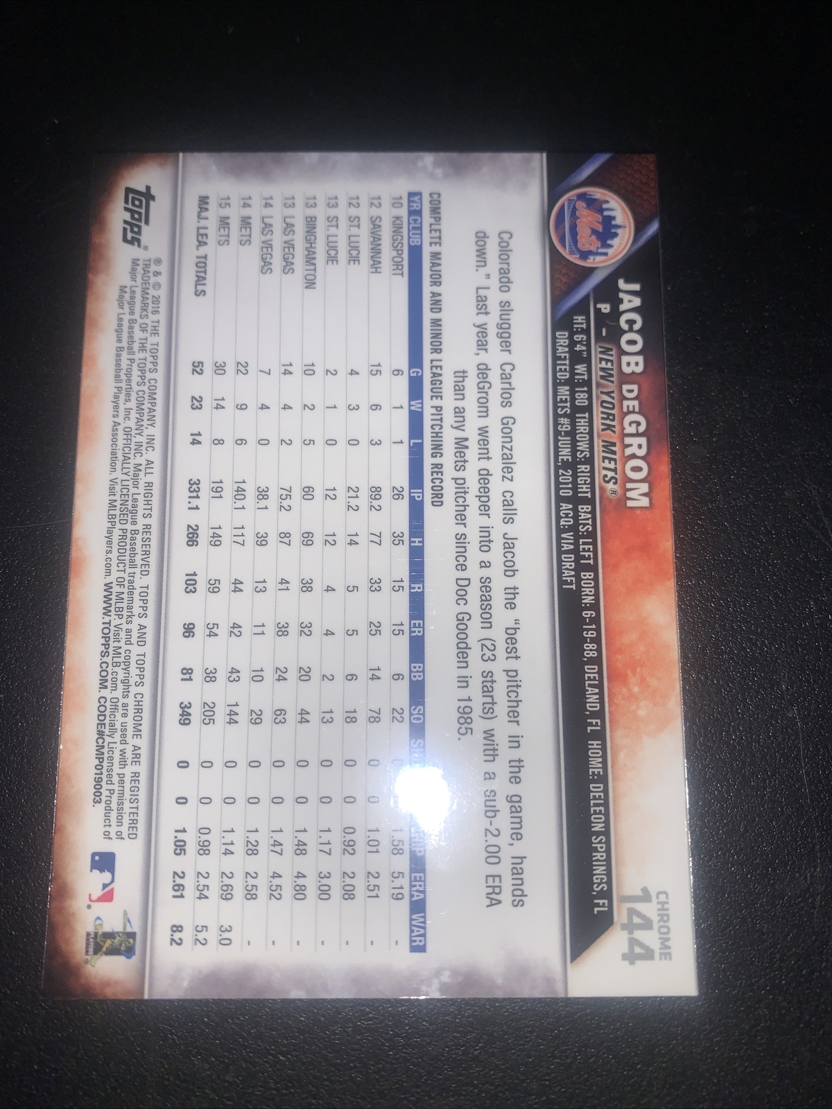 JACOB DEGROM 2016 Topps Chrome PRISM REFRACTOR Parallel Card #144 Mets ...