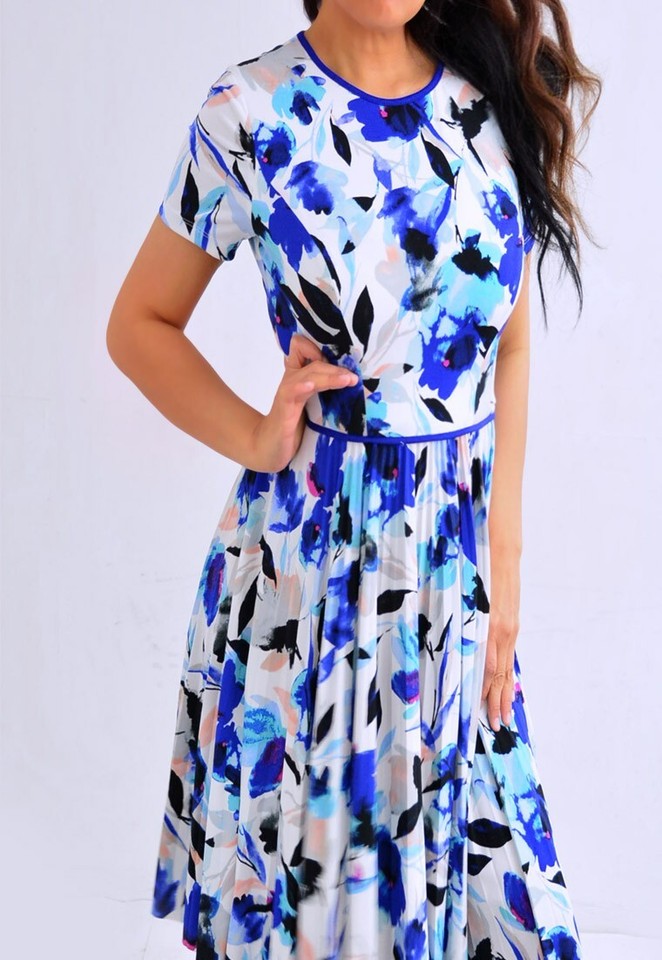 MAGGY LONDON Blue Black Pink Floral Short Sleeve Pleated Dress 6 S ...