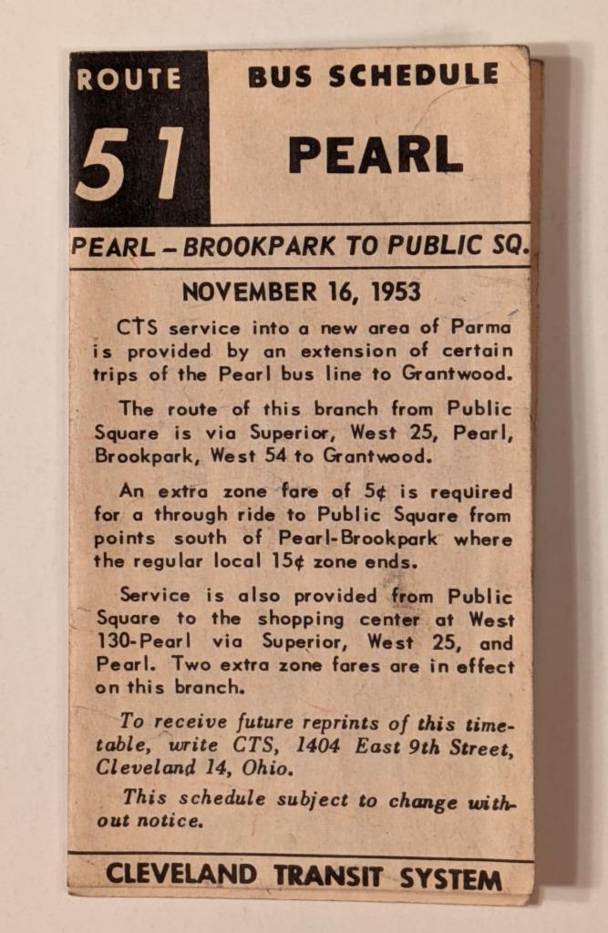 1953 Bus Schedule - Route 51, Pearl Brookpark to Public Square ...