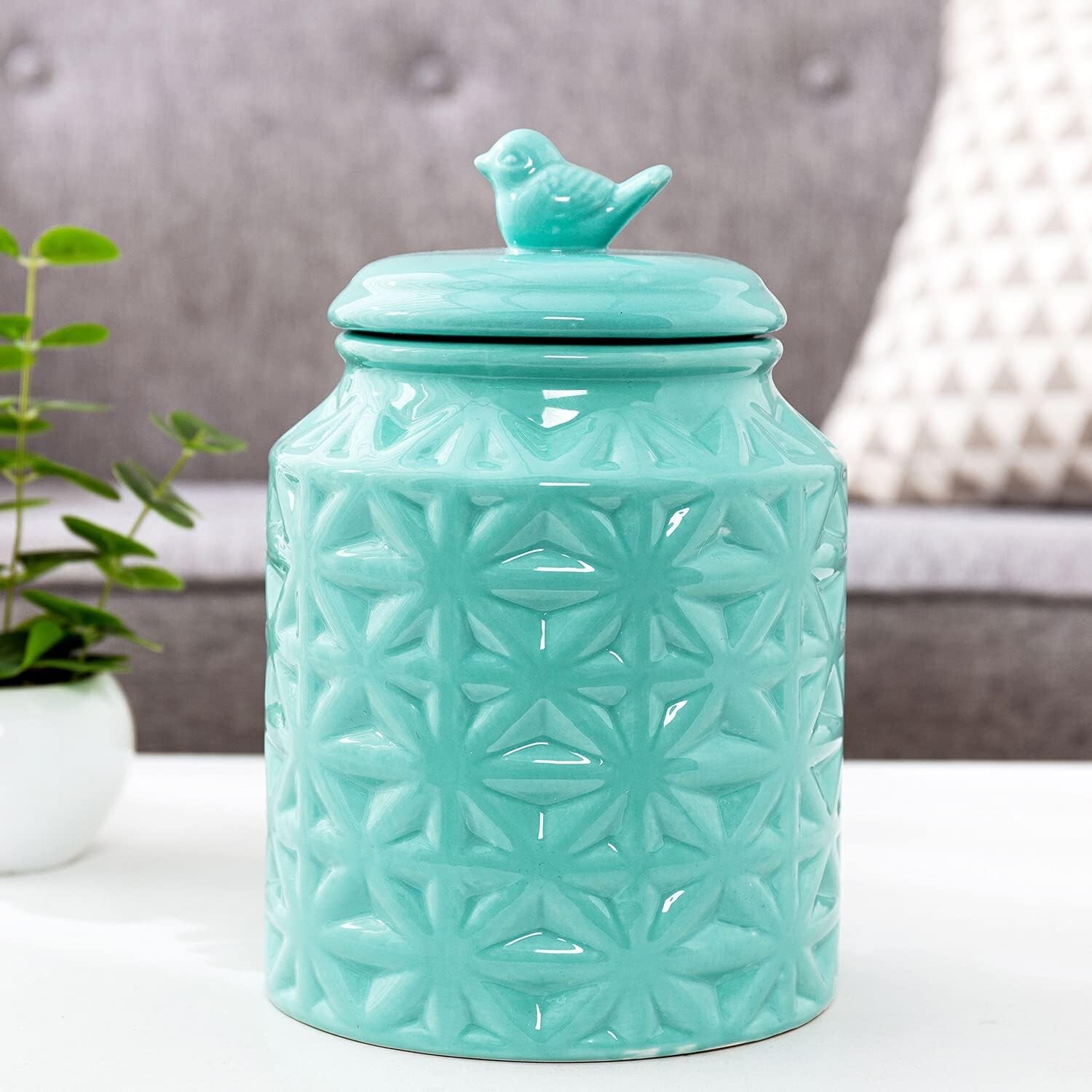Tabletop Turquoise Ceramic Kitchen Jar with Lid, Cookie Jar Storage ...