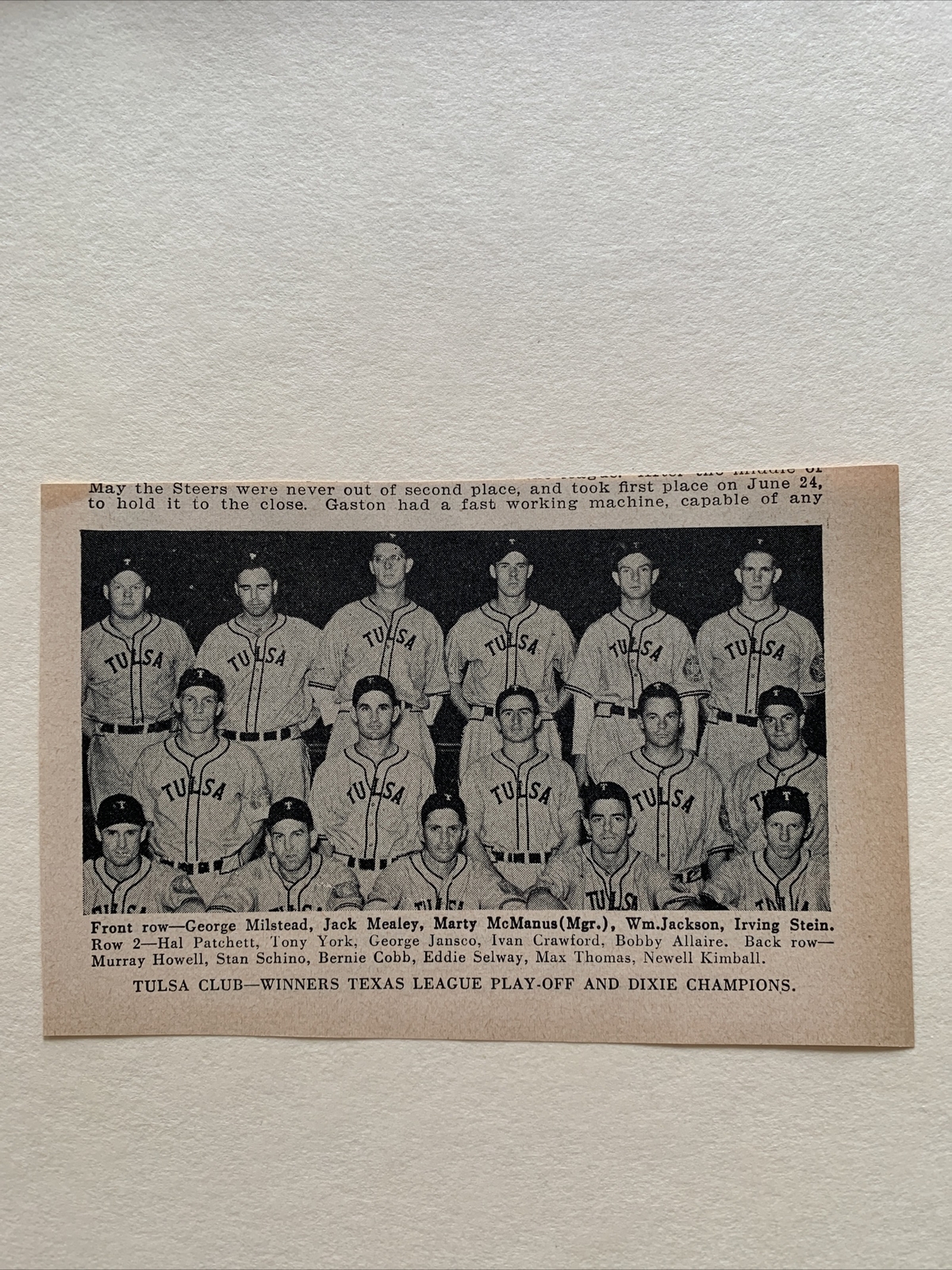 Dallas Steers Firpo Marberry & Tulsa Oilers 1936 Baseball Team Picture ...
