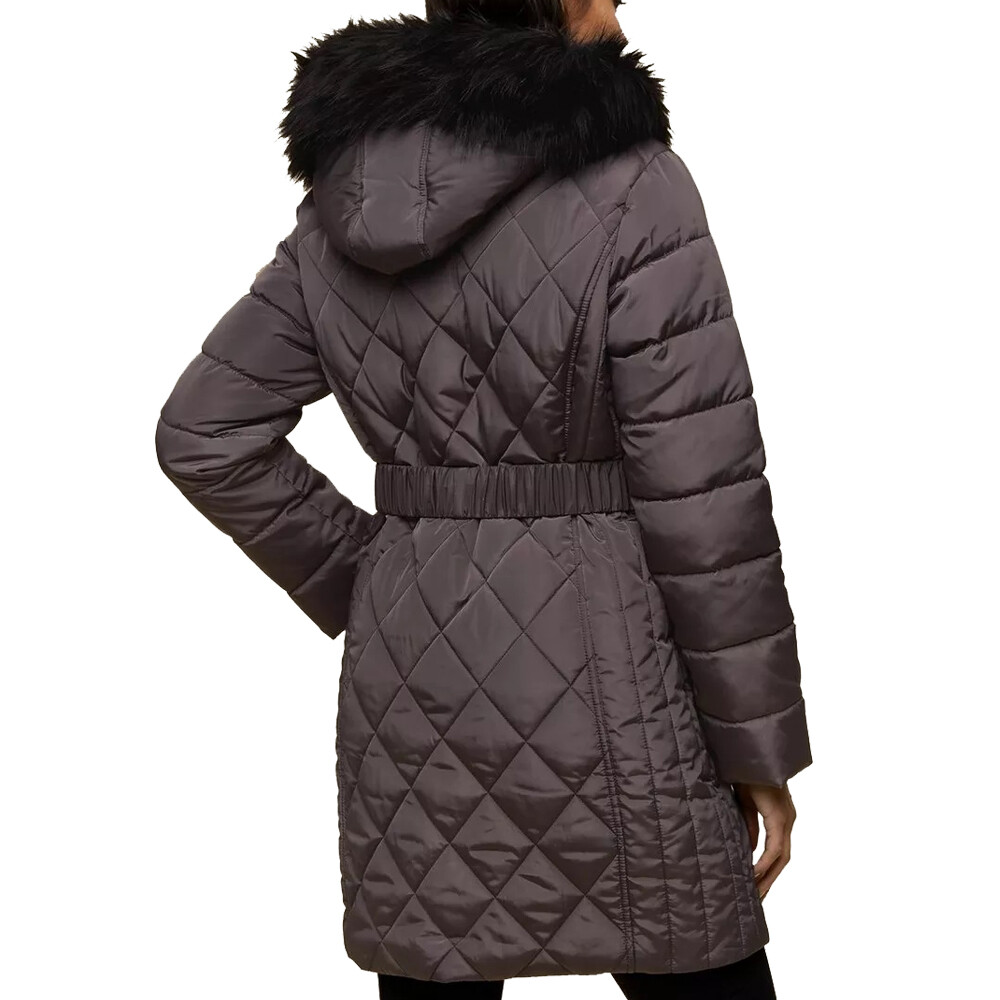 Ex Brand Womens Padded Long Jacket Quilted Belted Faux Fur Hooded ...