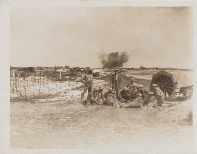 REPRINT OF ORIGINAL WWI PHOTO OF SOLDIERS RESTING W/ EXPLOSIONS ON ...