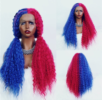 Long Half Red Half Blue Two Tone Deep Wave Wig Synthetic Hair Lace ...