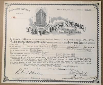 1917 Fidelity and Deposit Co of Maryland Bond Continuation Certificate ...