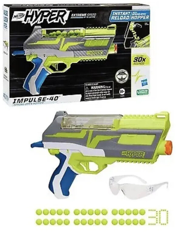 Nerf Hyper Impulse-40 Blaster, 30 Nerf Hyper Rounds, Spring-Open Hopper ...