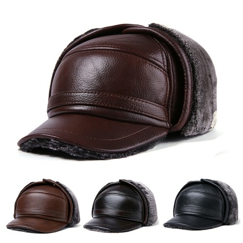 Men's Genuine Leather Winter Warm Trapper Warm Hat Baseball Cap Outdoor ...