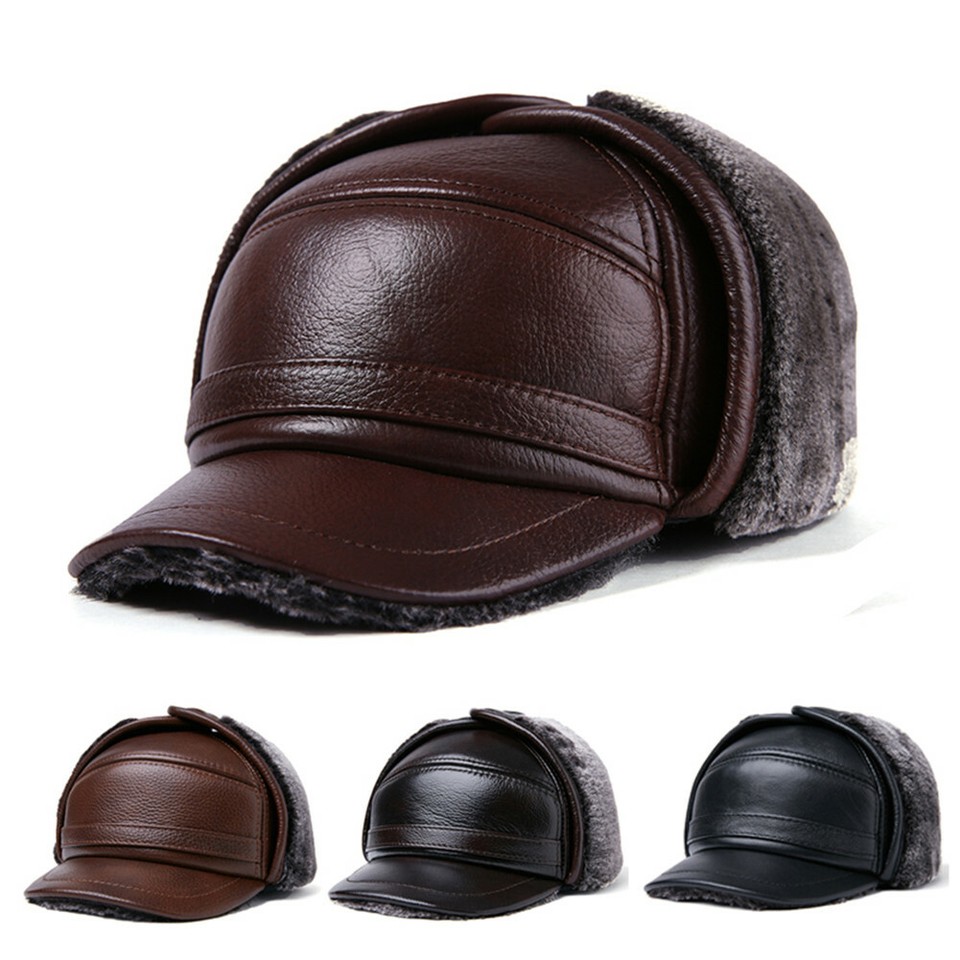 Men's Genuine Leather Winter Warm Trapper Warm Hat Baseball Cap Outdoor ...