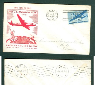 USA. Norway.1946 F.Flight American Airlines First Commercial Flight N.Y ...