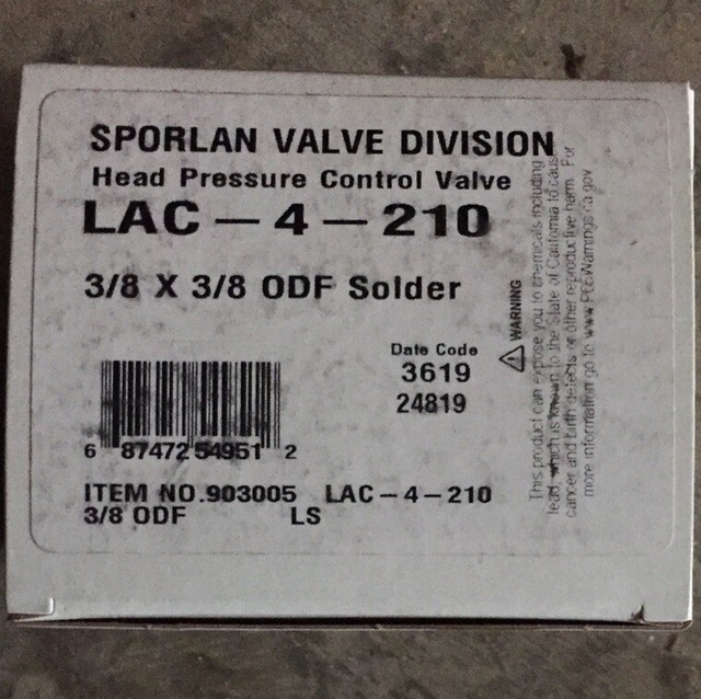 Head Pressure Control Valve Sporlan LAC-4-210 3/8 × 3/8 ODF SOLDER ...