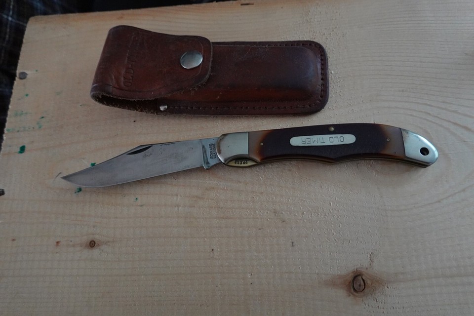 VINTAGE Schrade Old Timer 1250T Blade Folding Knife USA W Leather ...