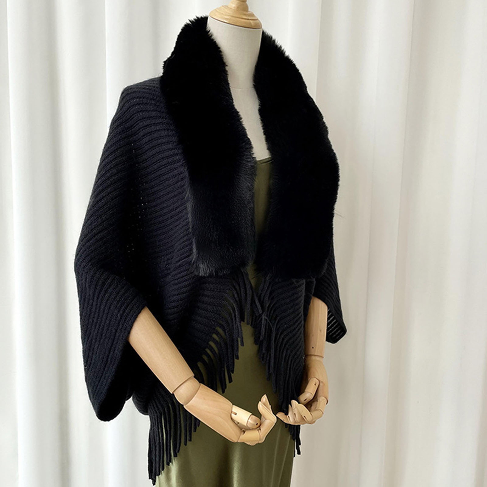 Solid Color Shawl Lady Winter Ponchos Elegant Faux Fur with Tassel ...