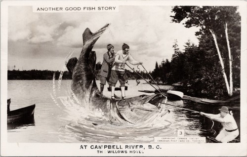 Campbell River BC Exaggerated Fish Fishing Willows Hotel c1944 RPPC ...
