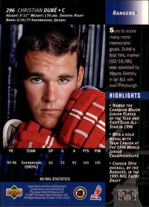 1996-97 Upper Deck Rangers Hockey Card #296 Christian Dube | eBay