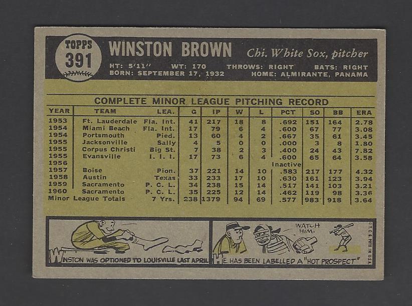 1961 Topps - #391 Winston Brown RC - Chicago White Sox - ExMt+ | eBay