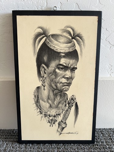 VINTAGE ORIGINAL IGOROT MOUNTAIN TRIBE PENCIL DRAWING TRIBAL WARRIOR ...