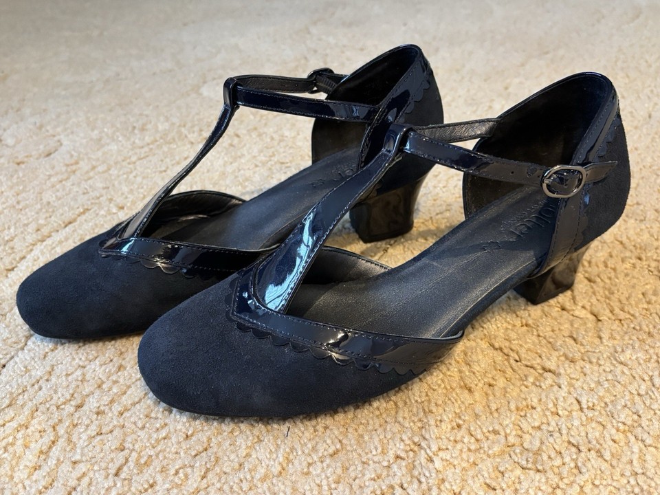 Hotter Women’s T Bar Shoes Vivienne Heels Navy Blue Suede & Leather ...