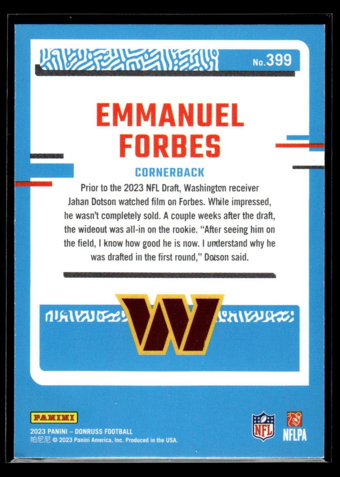 2023 Donruss #399 Emmanuel Forbes Rated Rookie Washington Commanders | eBay