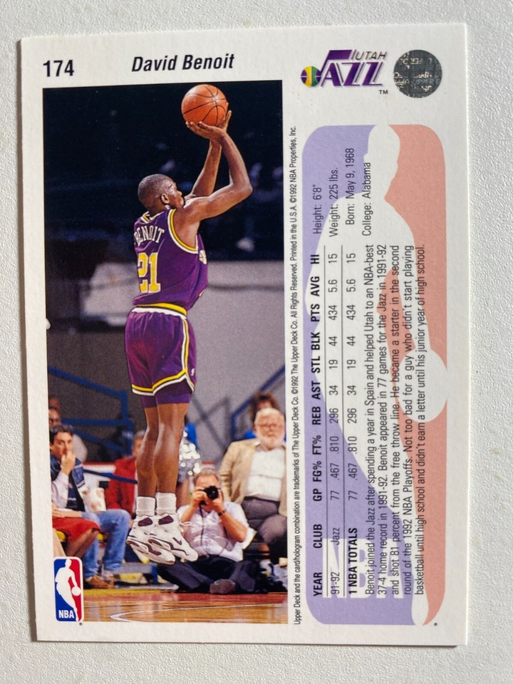 1992 UPPER DECK #174 DAVID BENOIT ROOKIE NM-MT NBA BASKETBALL CARD | eBay