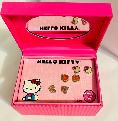 HELLO KITTY 3 PIECE STUDD SET IN KEEP SAKE JEWELRY BOX WITH MIRROR | eBay