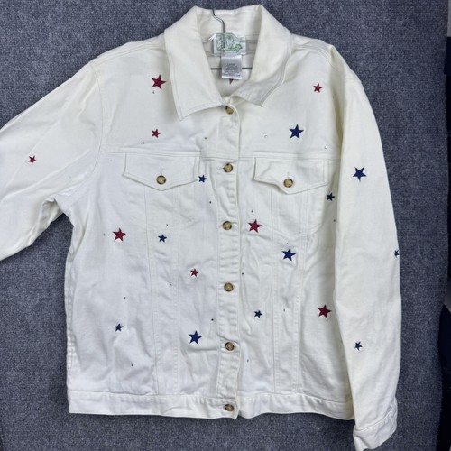 Vtg Quacker Factory Denim Jean Jacket Women's Large White Pockets Red ...