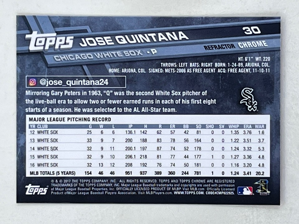 Jose Quintana 2017 Topps Chrome Pink Refractor #30 MLB White Sox ...