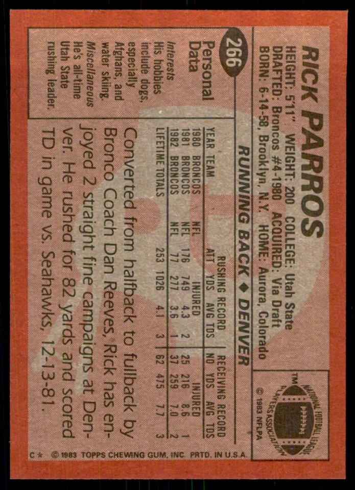 1983 TOPPS` RICK PARROS DENVER BRONCOS #266 | eBay