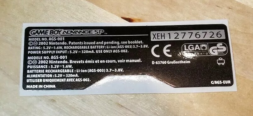 *EUROPEAN* Nintendo Game Boy Advance GBA SP AGS-001 Replacement Sticker ...