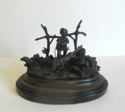 French Antique Bronze Novelty Inkwell Desk Stand, Boy with Dog & Bird ...