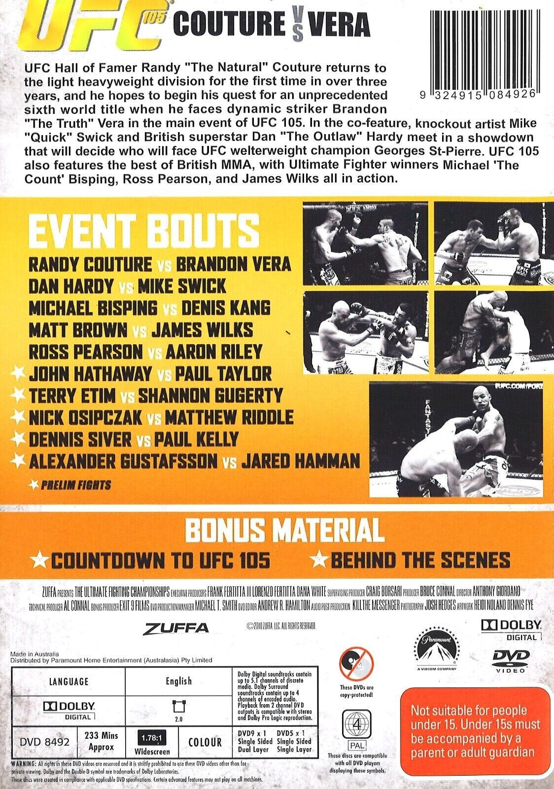 UFC 105 COUTURE VS VERA+SWICK VS HARDY DVD 2 DISCS REGION 4 BRAND NEW ...