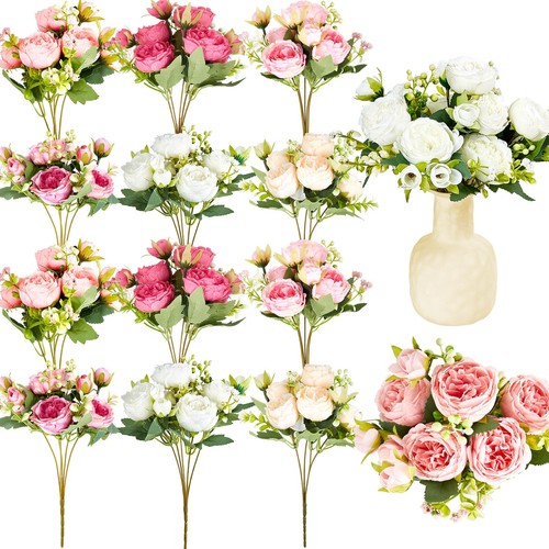 12 Bundles Silk Artificial Peonies Flowers Faux Peony Bouquet Fake ...