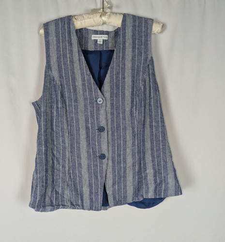 And Now This Vest 1X Women's Blue Striped Triple Button Linen Blend ...